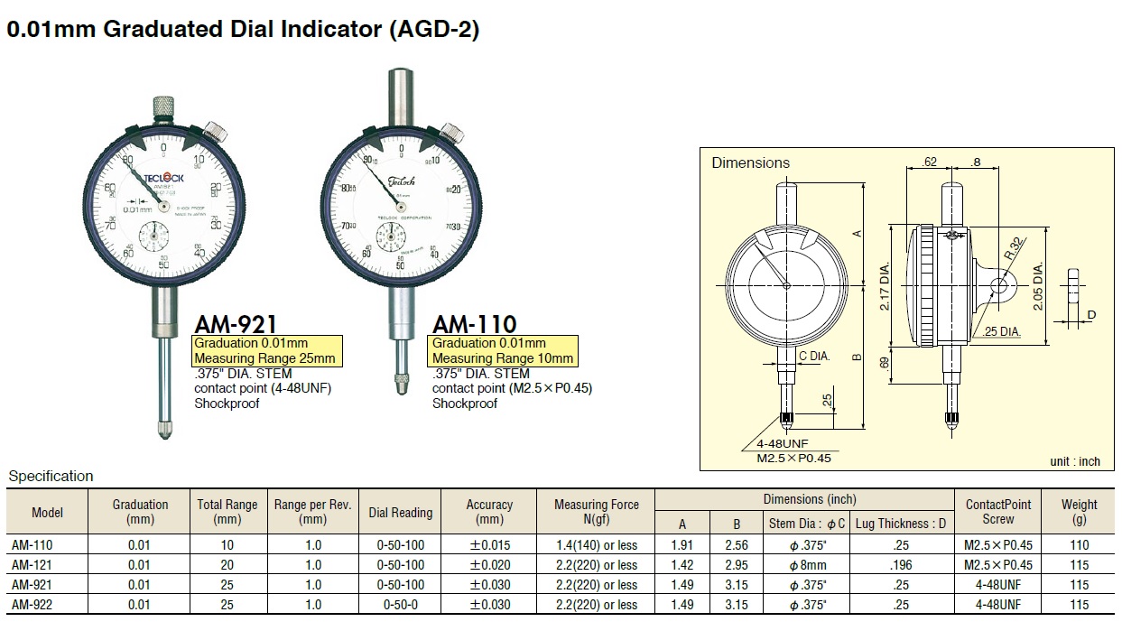 Ichiban Precision Sdn Bhd - Teclock - Teclock 0.10mm Gradusted Dial Indicators ( AGD-2) - Inch type